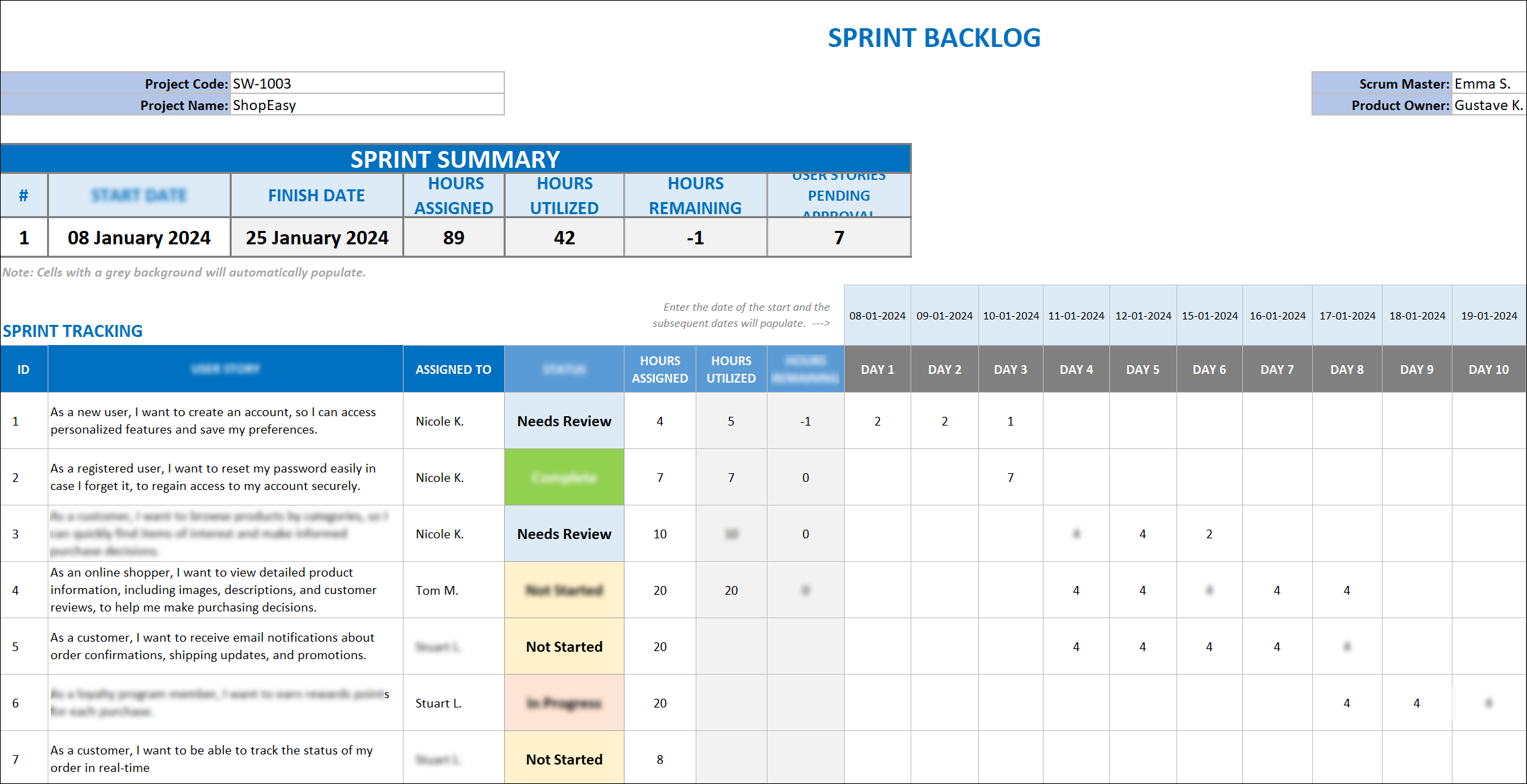 Sprint Backlog Excel Template It Governance Docs