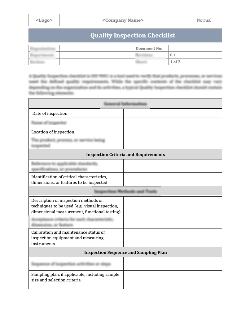 ISO 9001: QMS Quality Inspection Checklist Template – IT Governance Docs